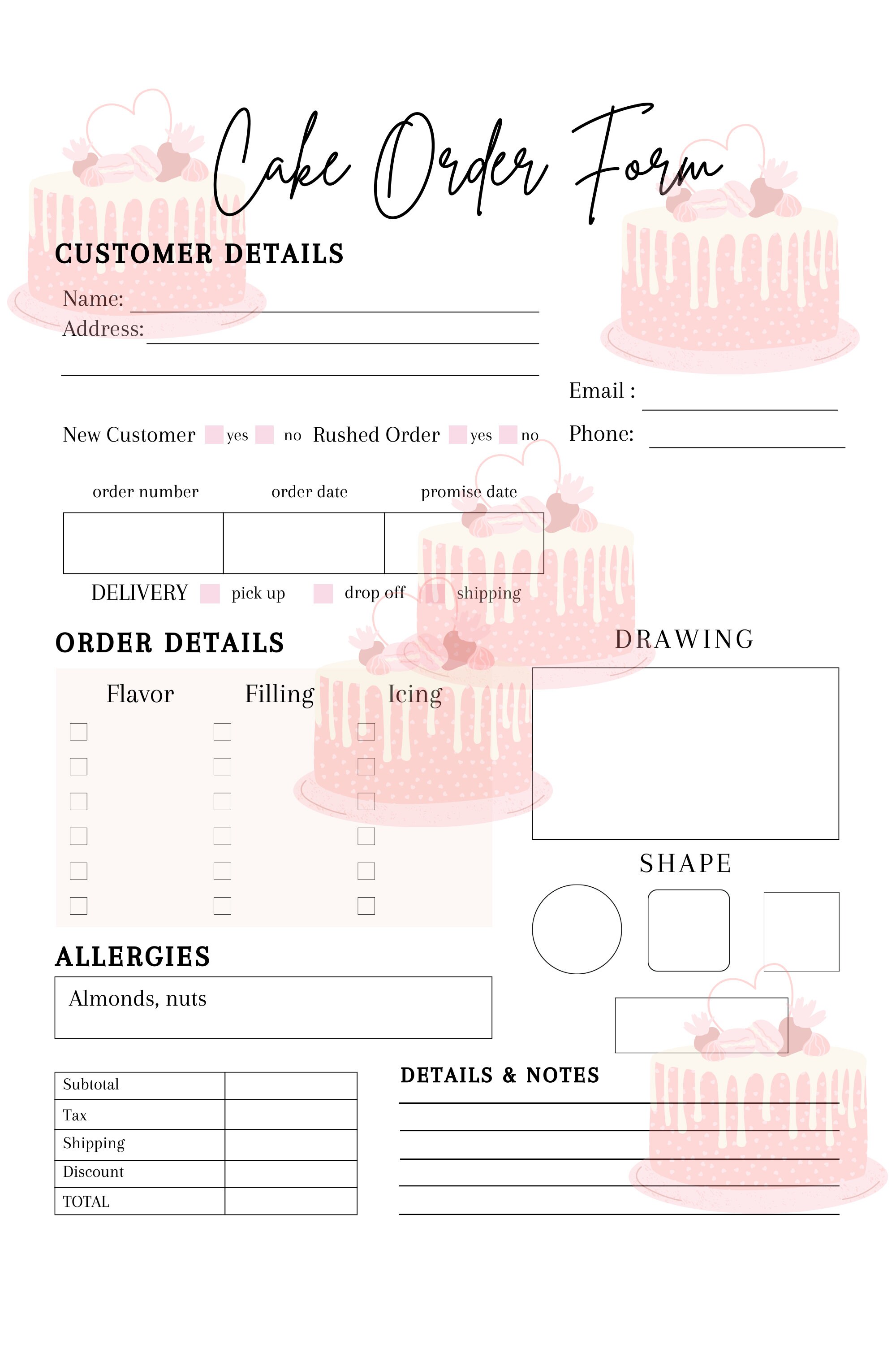 Editable Cake Order Forms Template Digital Order Form - Etsy