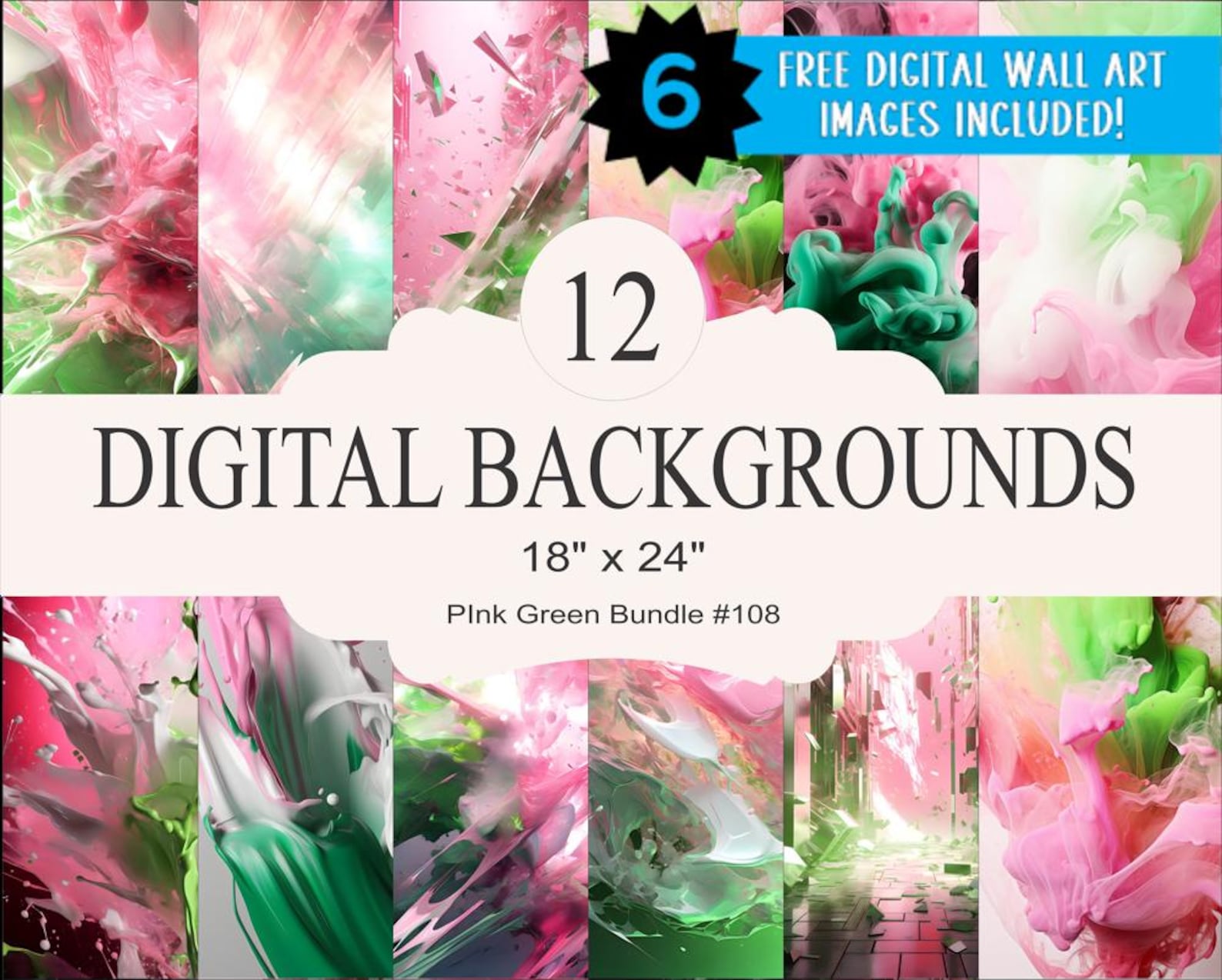12 Pink & Green Digital Backgrounds - 18x24 Inch High Resolution ...