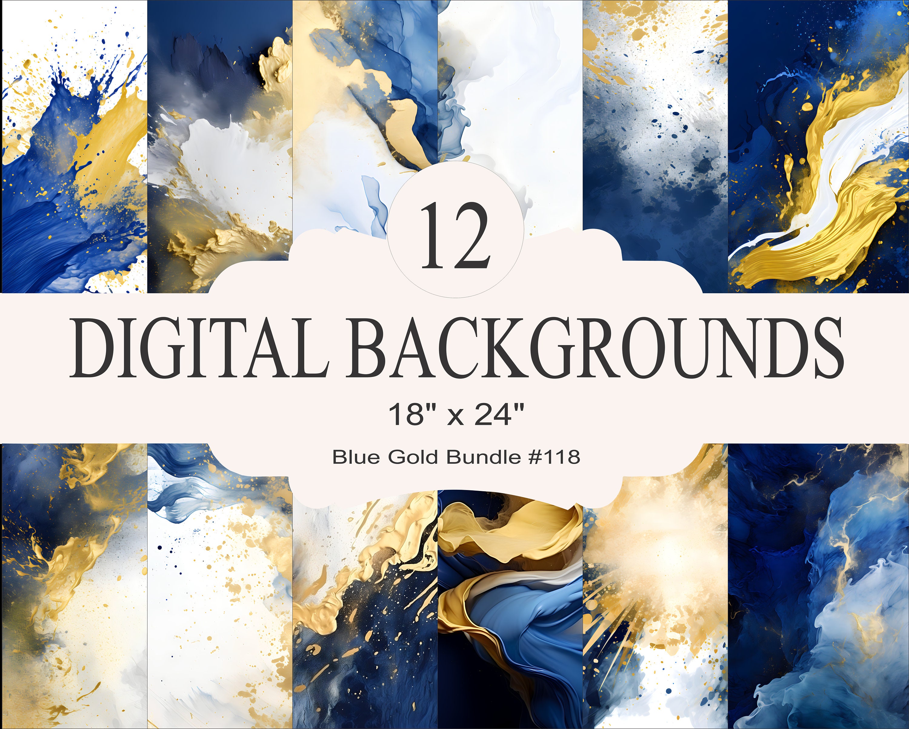 12 Blue & Gold Digital Backgrounds 18x24 Inch High Resolution Digital ...