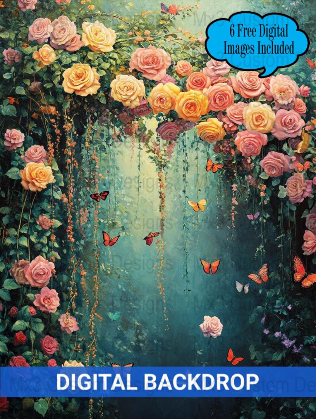 Floral Garden Digital Backdrop, Butterfly Garden Scene, Enchanted Roses ...