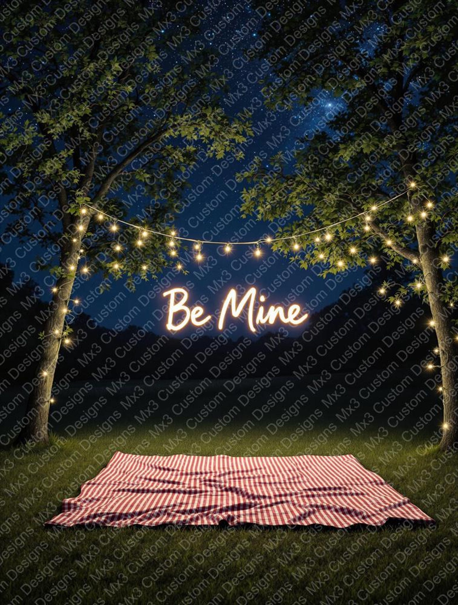 Romantic Starry Night Digital Background With String Lights, Digital ...