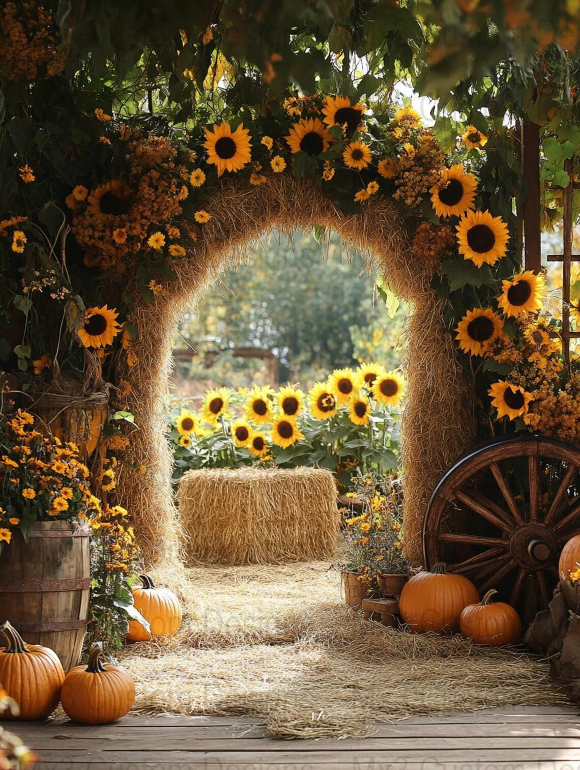 Fall Sunflower Pumpkin Hay Bale Backdrop, Autumn Harvest Digital ...
