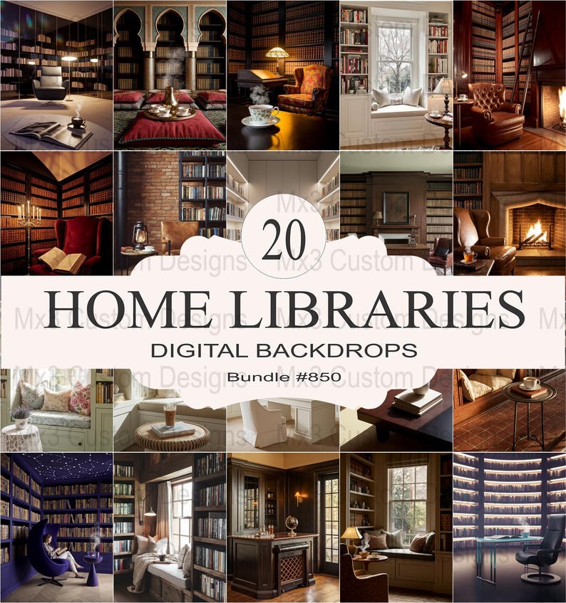 Home Library Digital Backdrops, Cozy Reading Room Backdrop, Bookcase ...