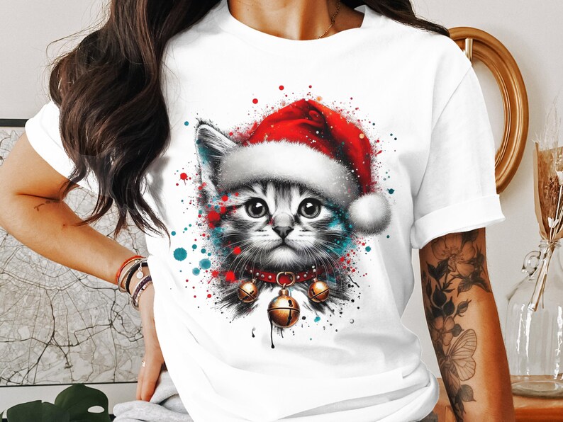 Cute Kitten Digital Print, Christmas Cat Art, Santa Hat Clipart ...