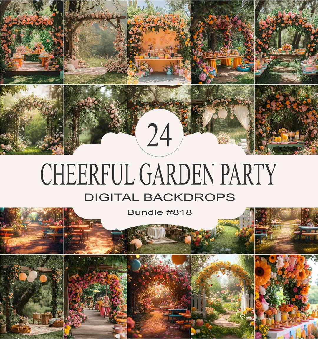 Cheerful Garden Party Digital Backdrops, 24 Backdrop Images, Vibrant ...