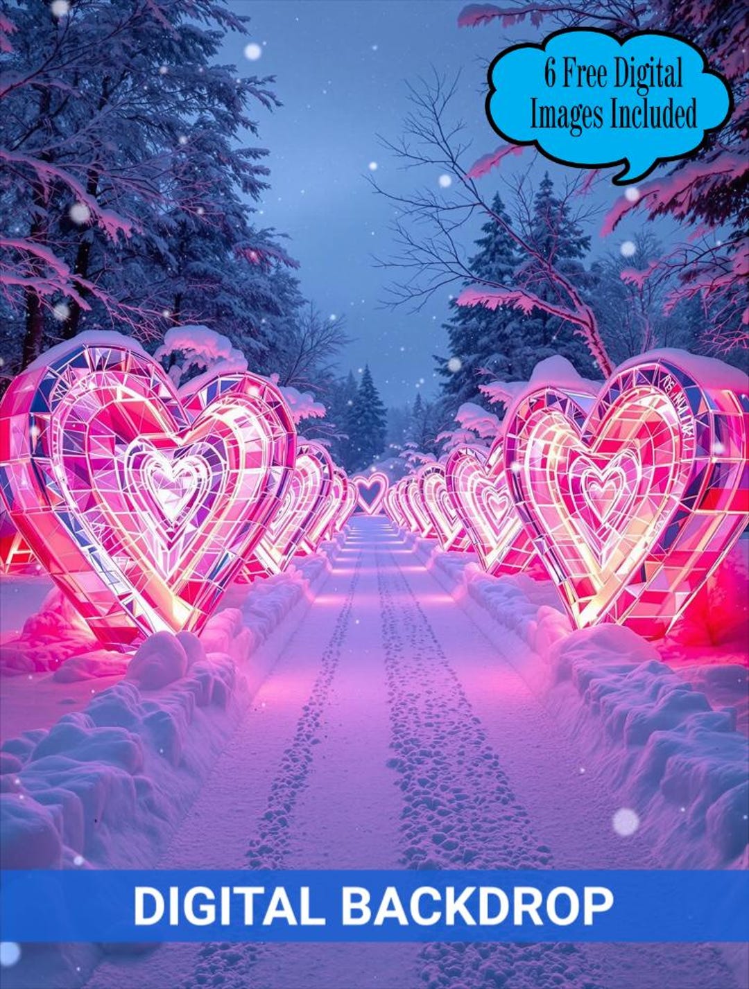 Romantic Winter Pathway With Heart Lights, Valentines Day Digital ...