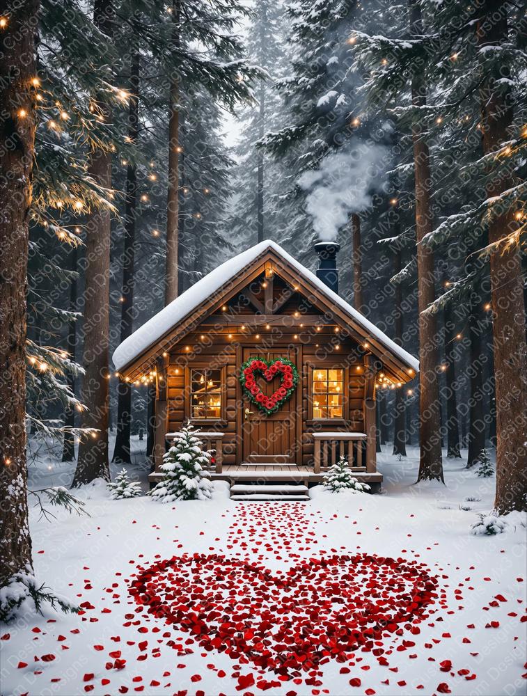 Cozy Winter Cabin in Snow, Romantic Valentine's Day, Heart Petals Path ...