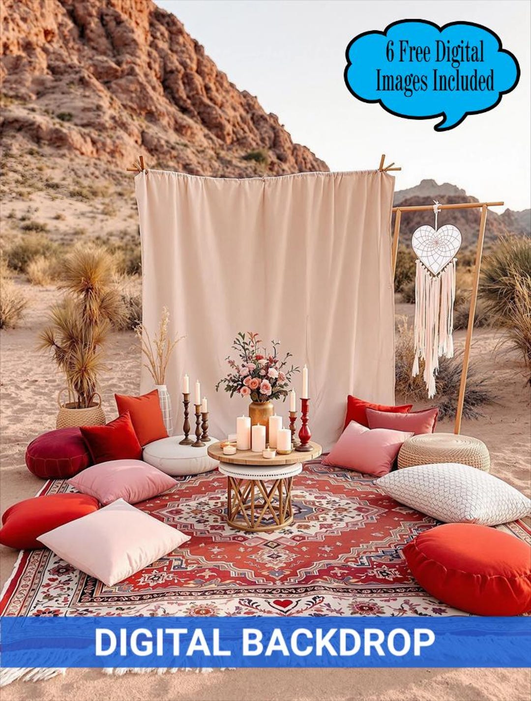 Boho Picnic Desert Digital Backdrop, Valentine's Day Photo Background ...