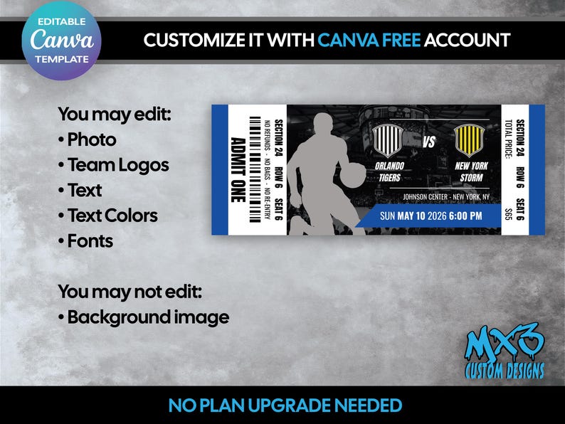 Editable Basketball Ticket, Canva Template, Sports Event Ticket Design ...