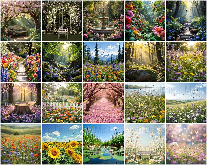 21 Spring Butterflies Digital Backdrops, Nature Garden Scenes, Sunlit ...