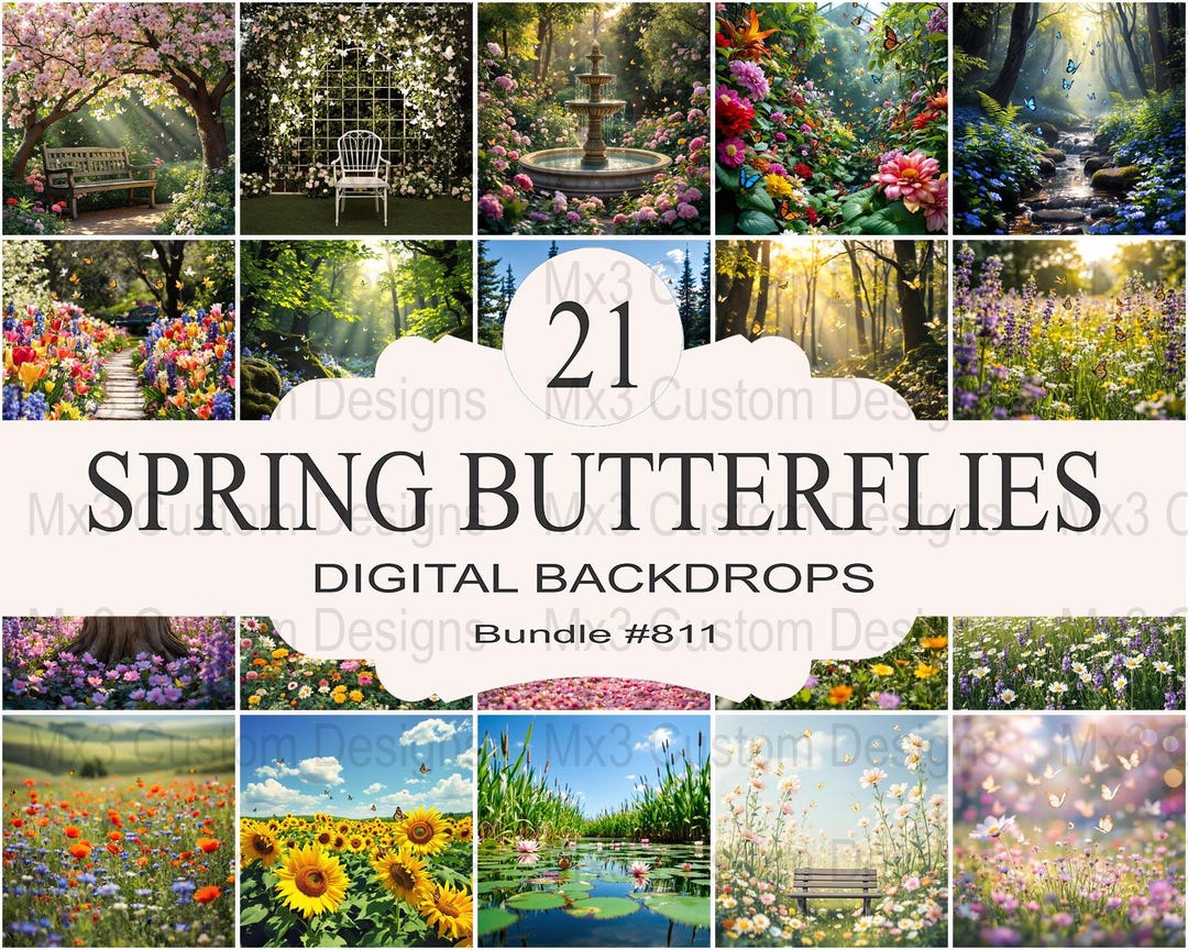 21 Spring Butterflies Digital Backdrops, Nature Garden Scenes, Sunlit ...