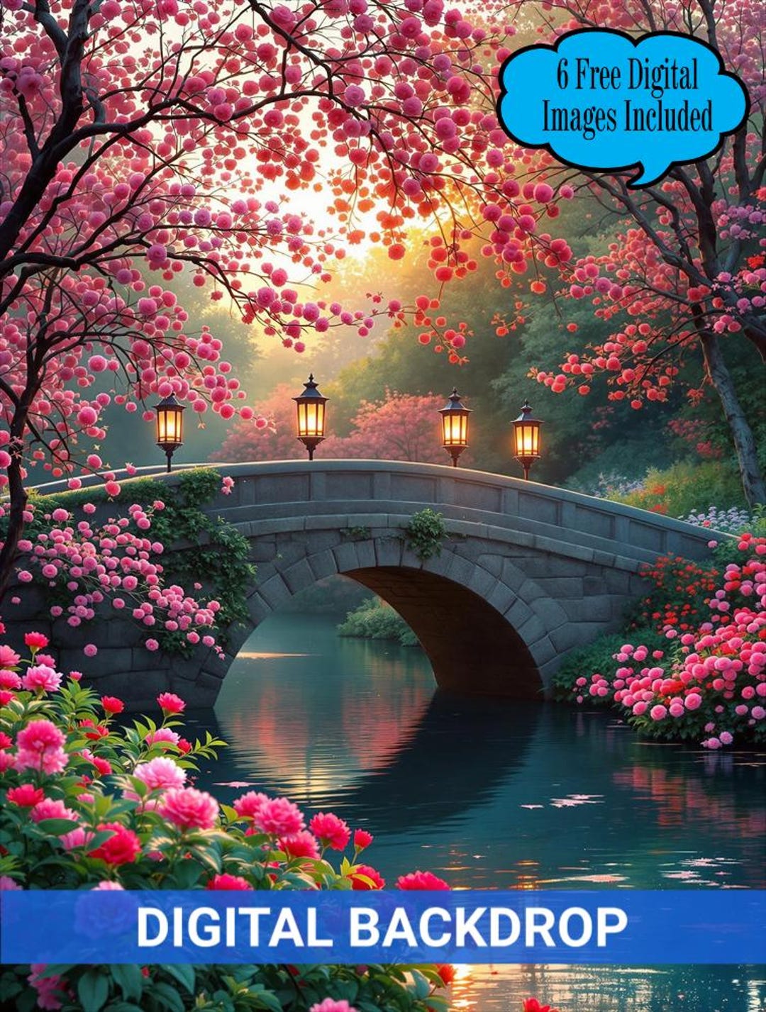 Scenic Digital Background With Romantic Bridge and Pink Blossoms Sunset ...