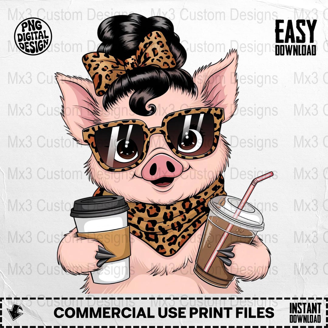Digital Pig Clipart, Cute Pig With Coffee, Leopard Print Pig, Funny Pig ...