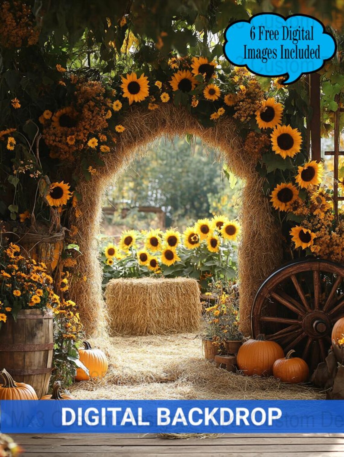 Fall Sunflower Pumpkin Hay Bale Backdrop, Autumn Harvest Digital ...
