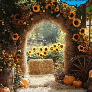Fall Sunflower Pumpkin Hay Bale Backdrop, Autumn Harvest Digital ...
