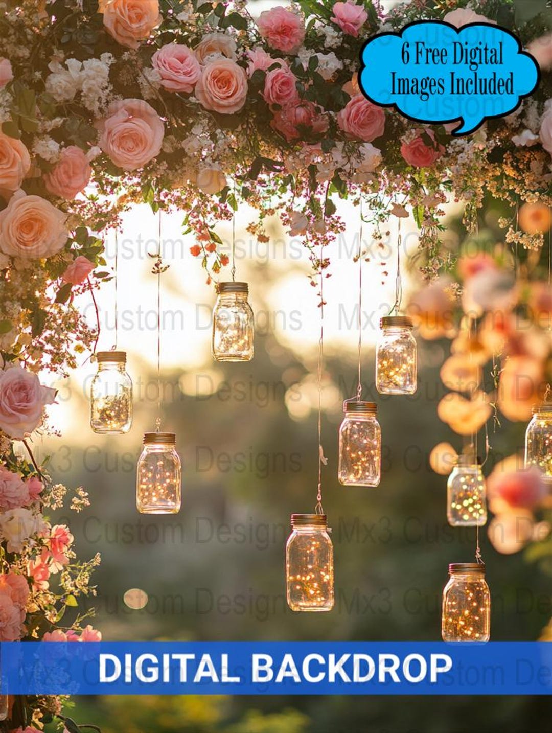 Romantic Floral Court Yard Digital Backdrop, Hanging Lanterns Digital ...