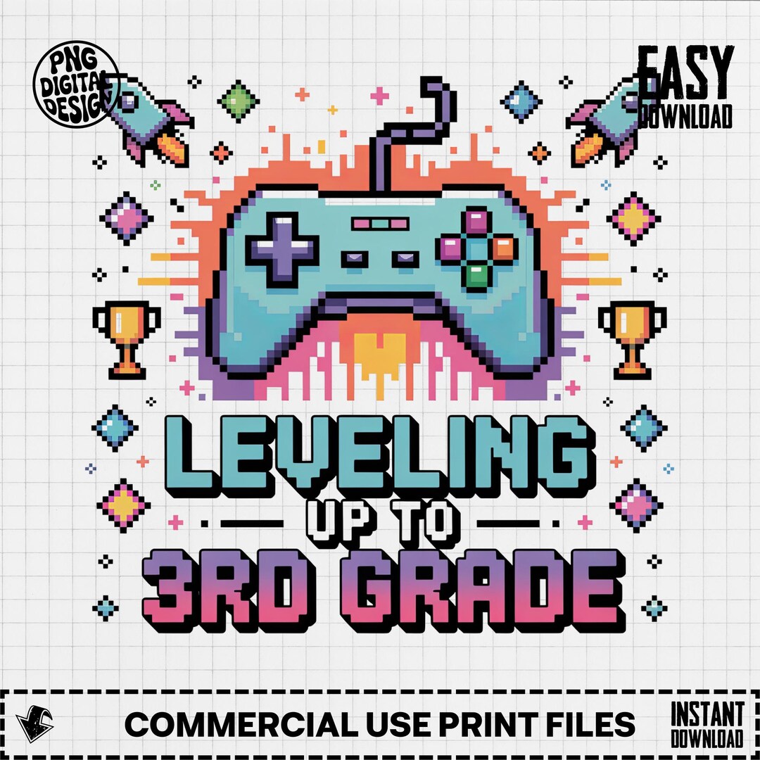 Leveling up to 3rd Grade Digital PNG, Gamer Back to School Design ...