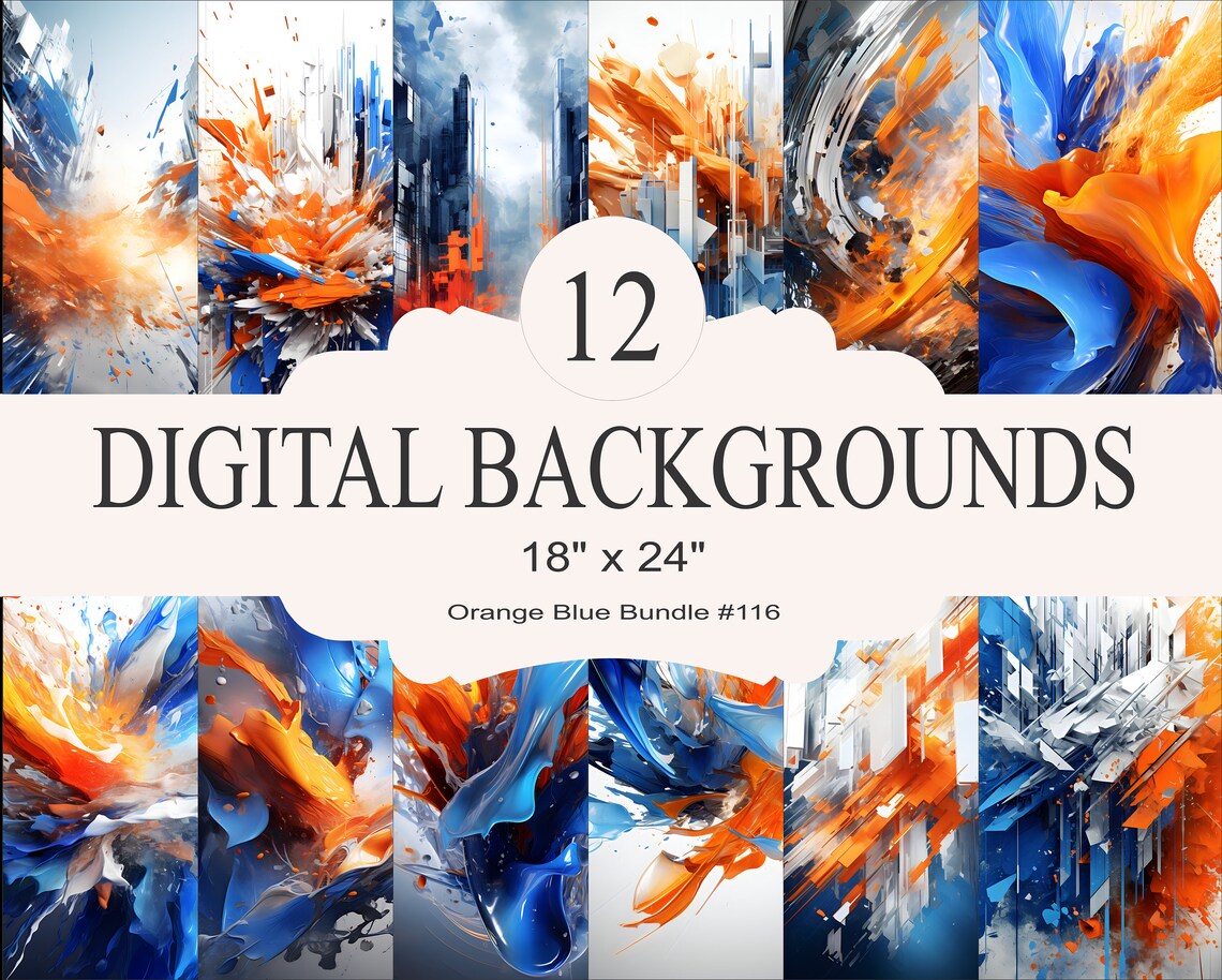 12 Orange & Blue Digital Backgrounds 18x24 Inch High Resolution Digital ...