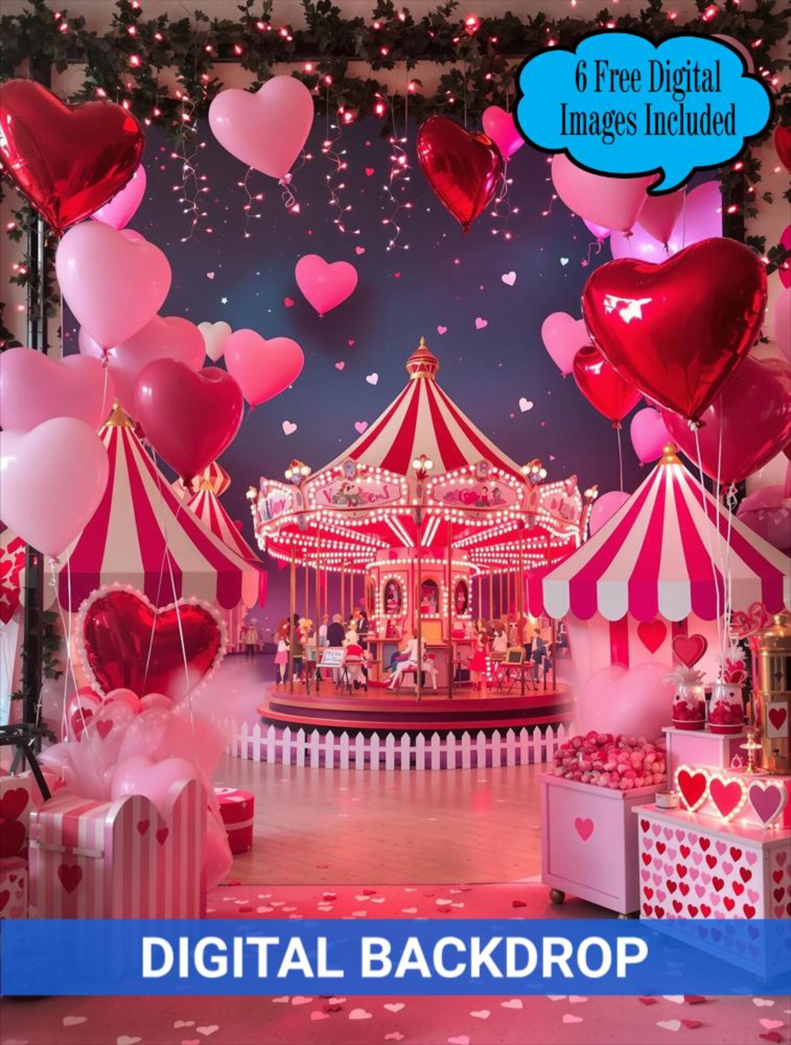 Valentine's Day Digital Background, Romantic Carousel Backdrop, Pink ...