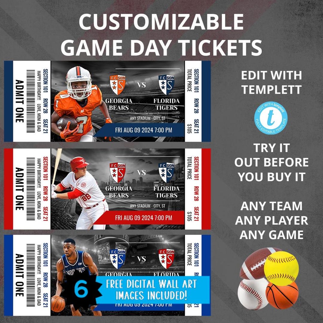 Customizable Football Tickets Template Editable Custom Game Day Gift ...