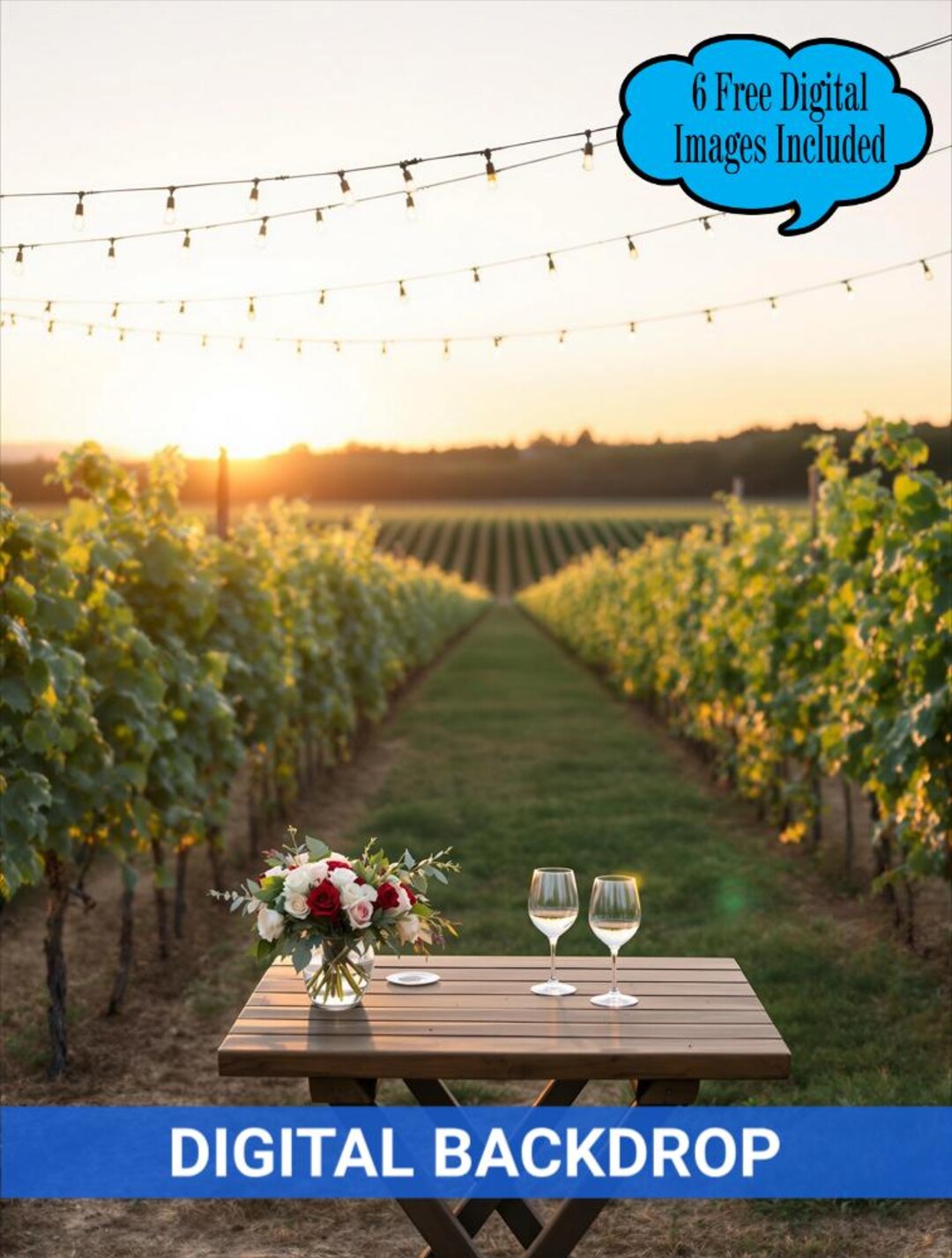 Digital Vineyard Sunset Background, Perfect Digital Backdrop for Wine Events, Romantic Vineyard ...
