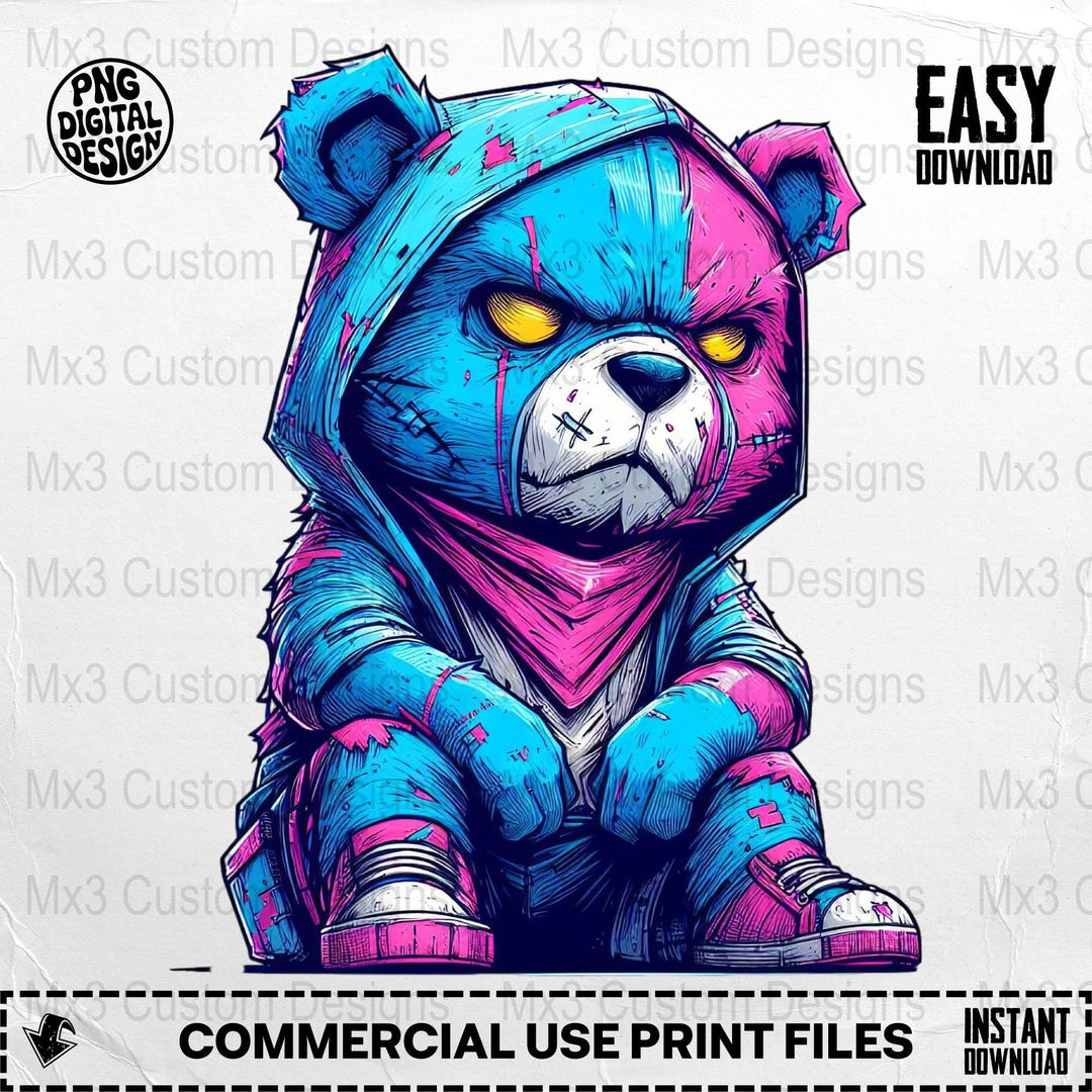 Edgy Teddy Bear Digital Art, Streetwear Bear Print, Hoodie Bear Clipart ...