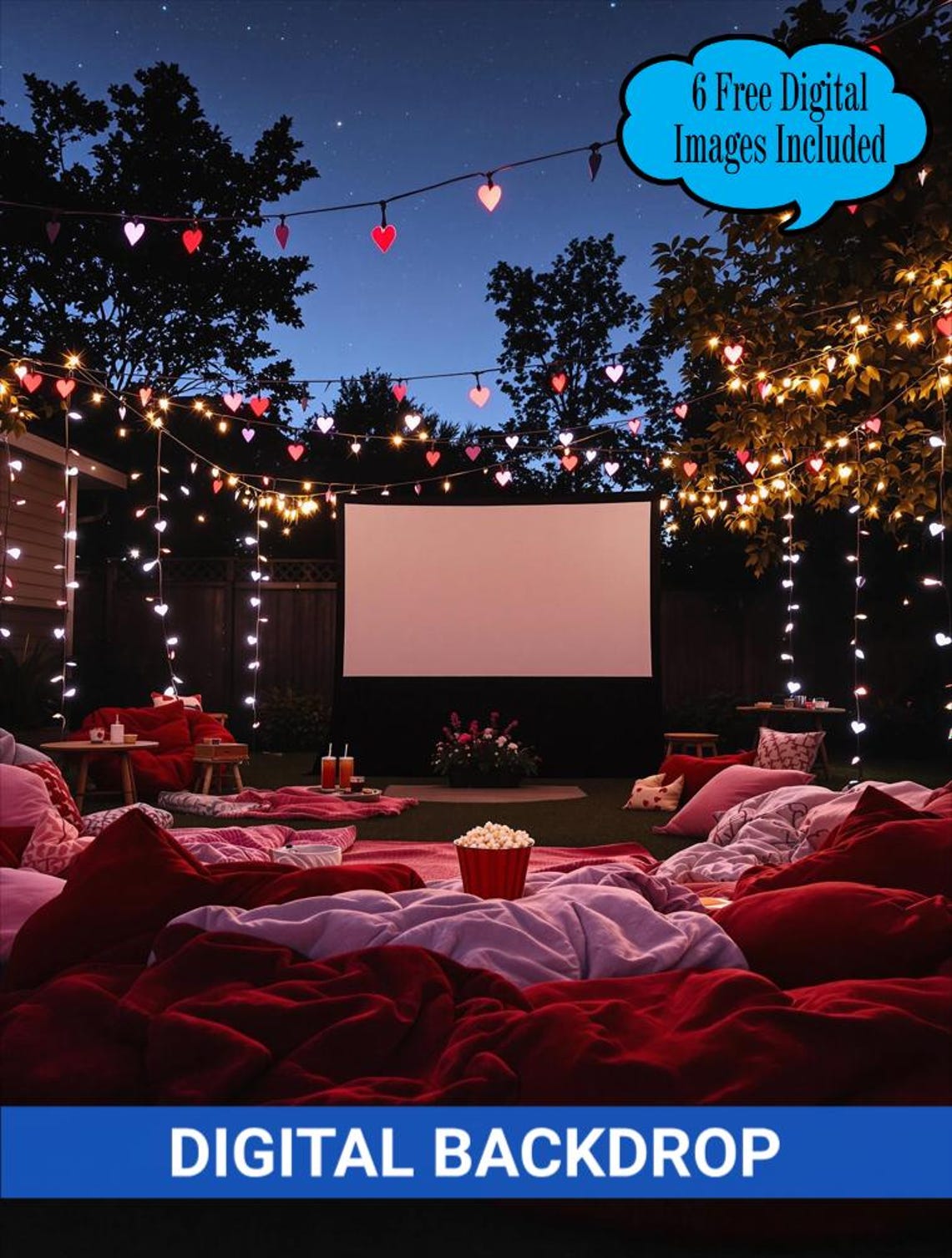 Romantic Outdoor Movie Night Digital Backdrop, Valentine's Day Photo ...