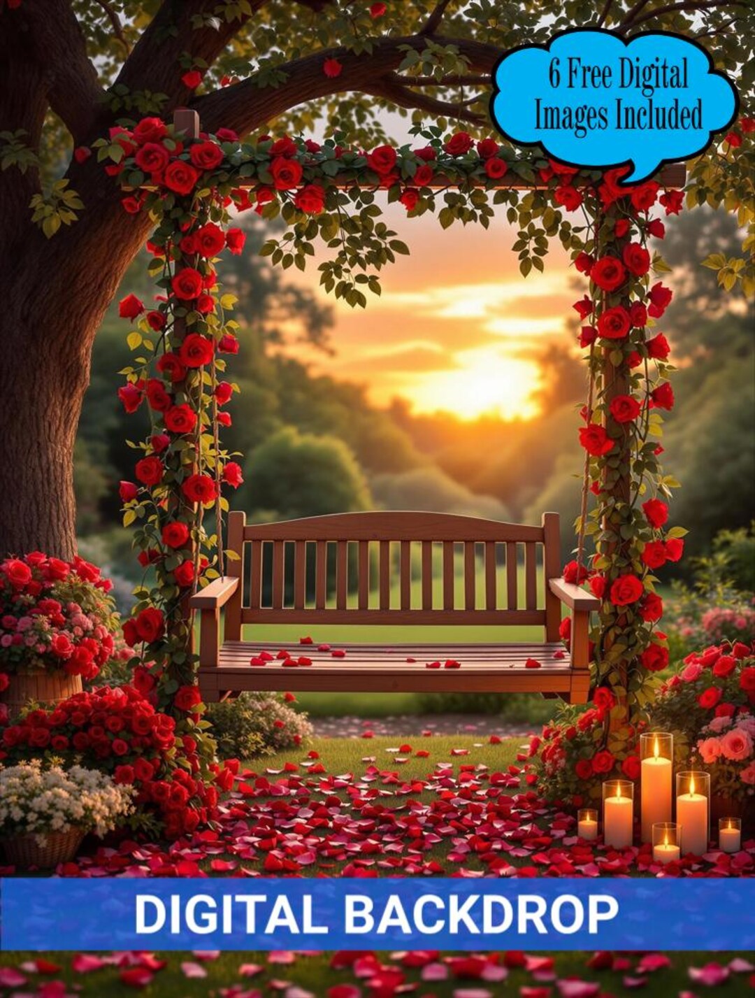 Romantic Rose Garden Sunset Backdrop, Valentine's Day Digital ...