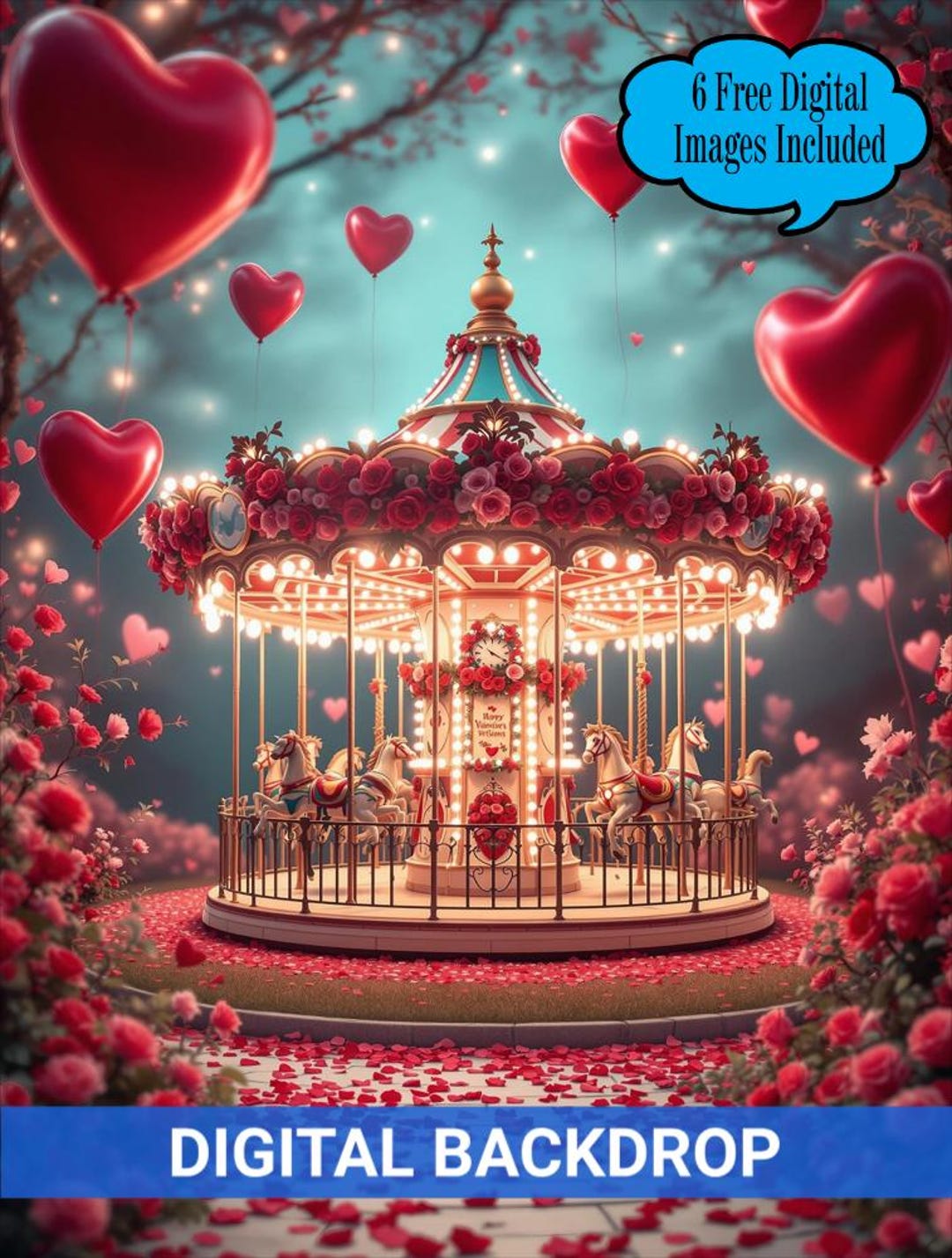 Romantic Carousel Digital Background, Valentines Day Photo Backdrop ...
