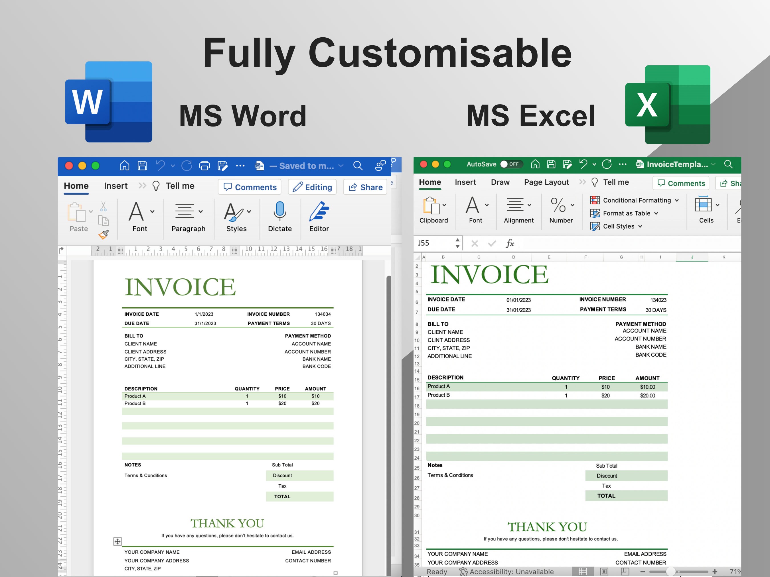 Plantilla de factura, MS Word, MS Excel, Google docs, Google Sheets ...