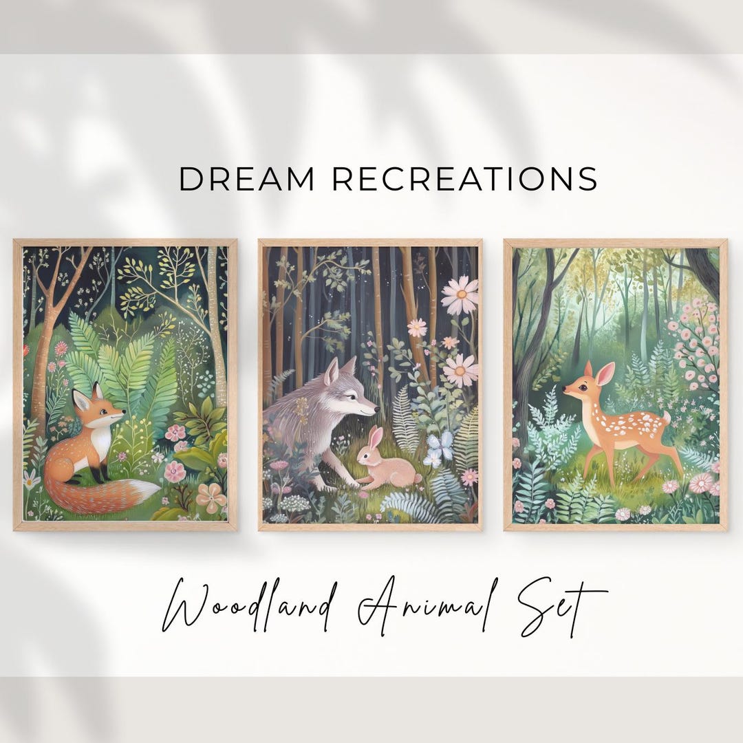 Whimsical Woodland Animal Wall Art Set of 3 Prints | Fox, Rabbit ...