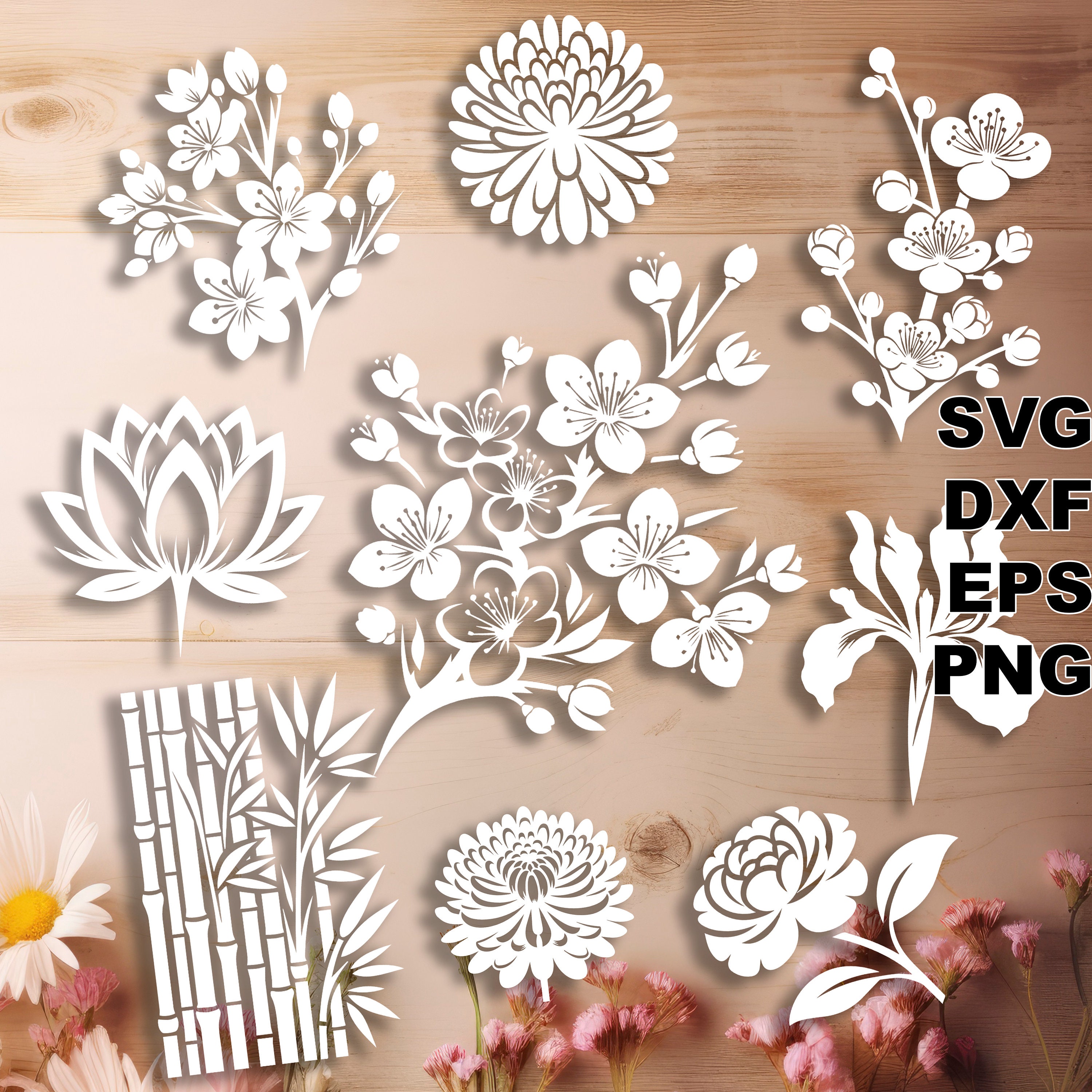 Japanese Flora SVG Cut Files svg Dxf Png Eps Vinyl and Paper Cut, CNC ...