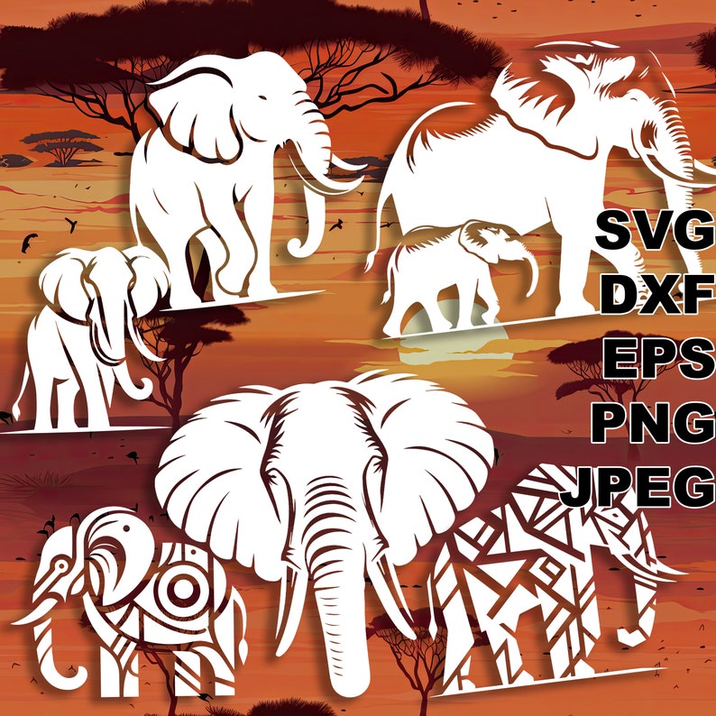 Elephant SVG Cut Files svg Dxf Png Eps Jpg Silhouette & Cricut, Digital ...