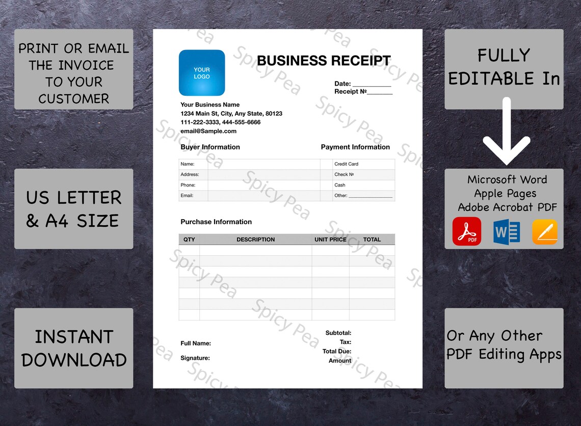 Printable Business Receipt, Invoice Template, Business Invoice ...