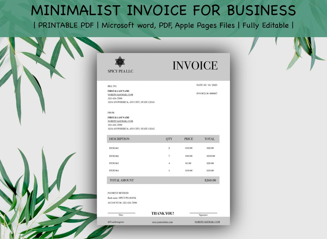 Printable Invoice, Receipt, Invoice Template, Business Form, Editable ...