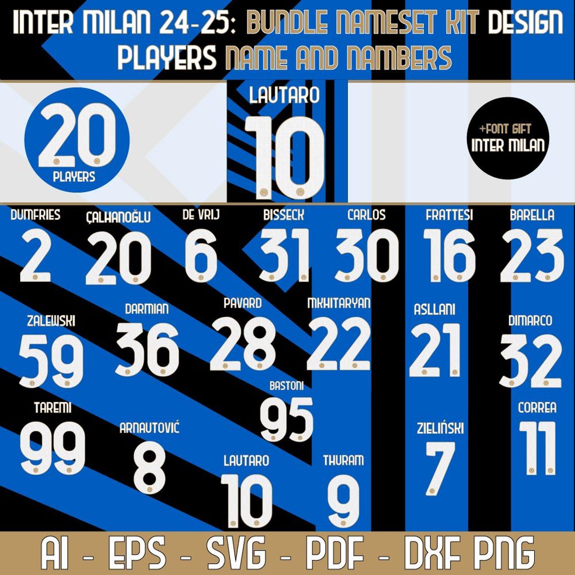 Inter Milan 24-25 Jersey Nameset: Player Names & Numbers (digital ...