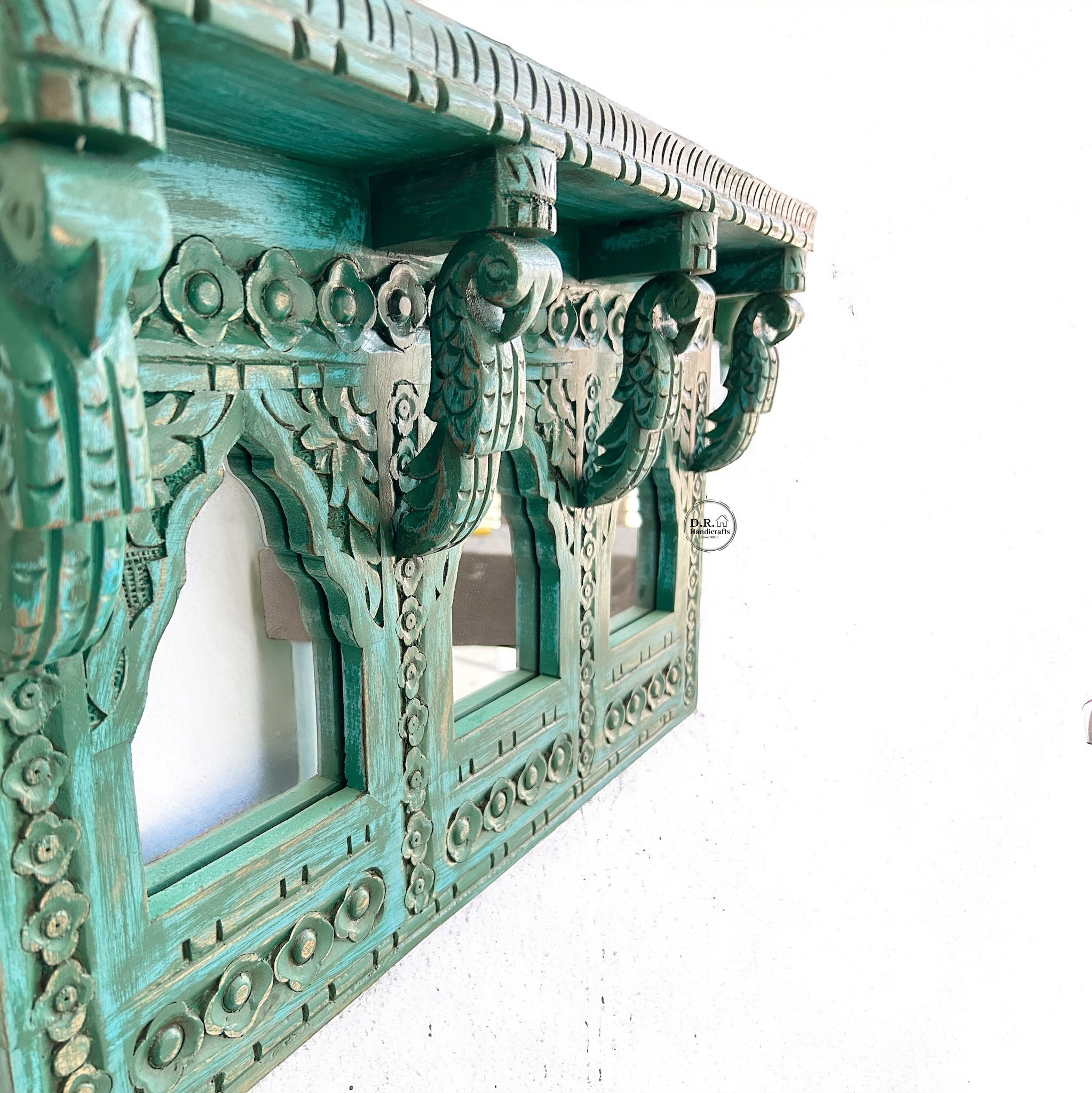 Antique Finish Wooden Hand Carved Wall Hanging Triple Arch Mirror Frame ...