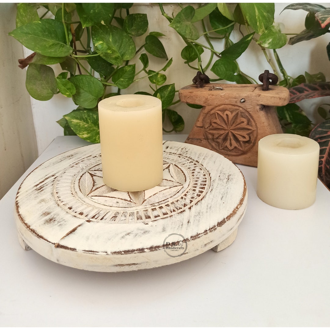 Indian Antique Wooden Hand Carved Chapati Board / Flower Design Chakla ...