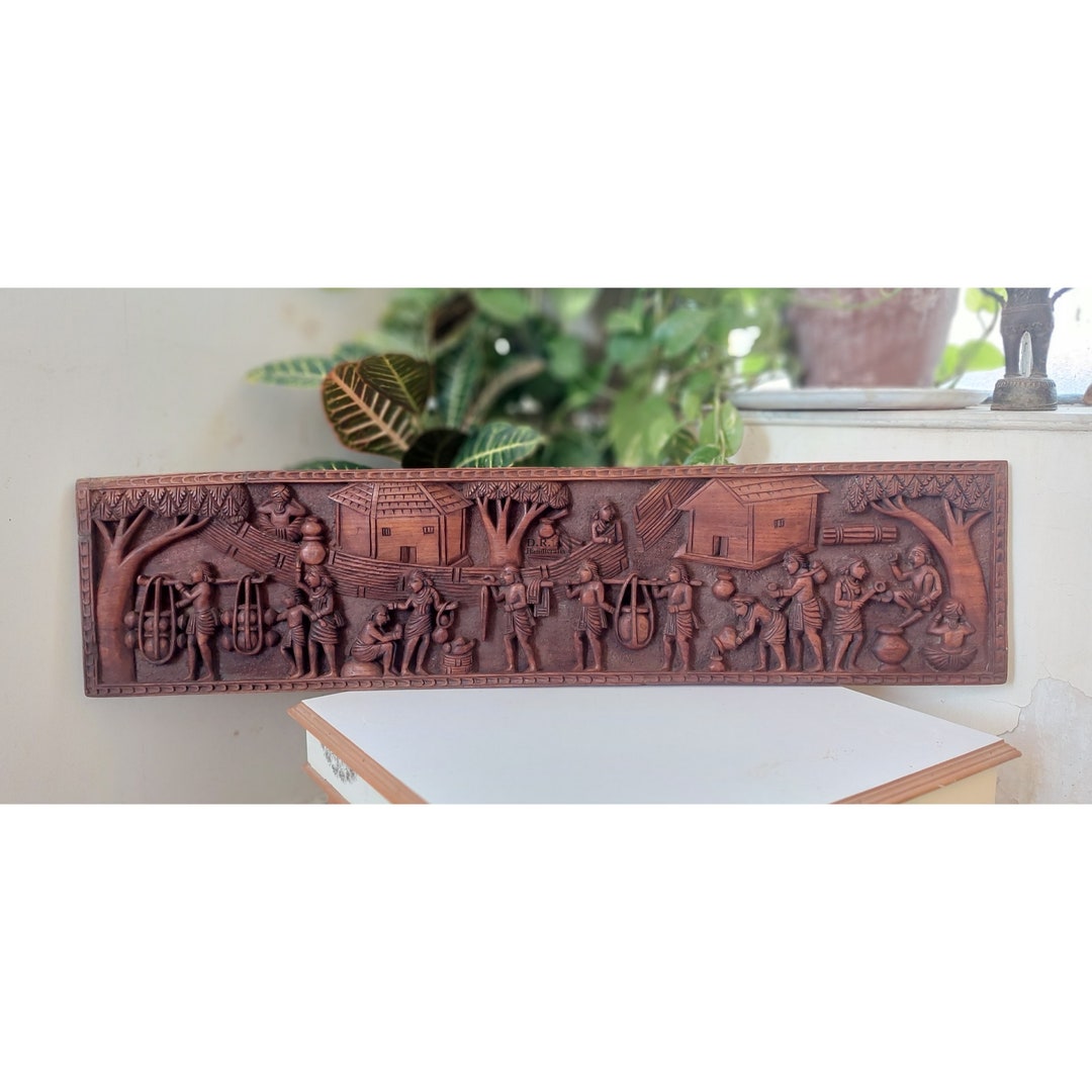 Original South Indian Vintage Handmade Wooden Wall Hanging Village ...