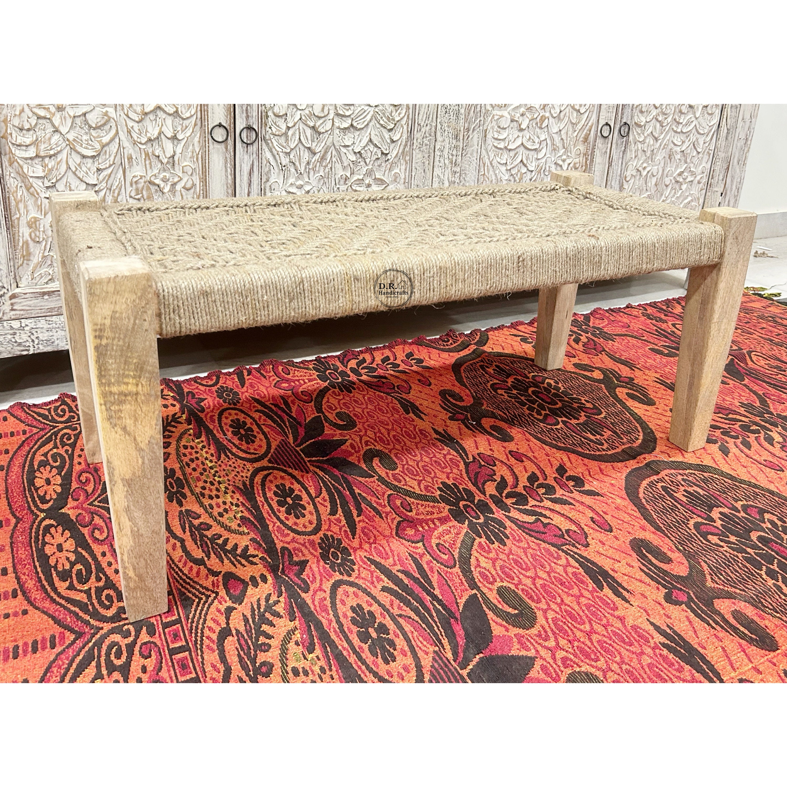 Indian Wooden Handmade Village Charpai Bench With Jute Rope Traditional ...