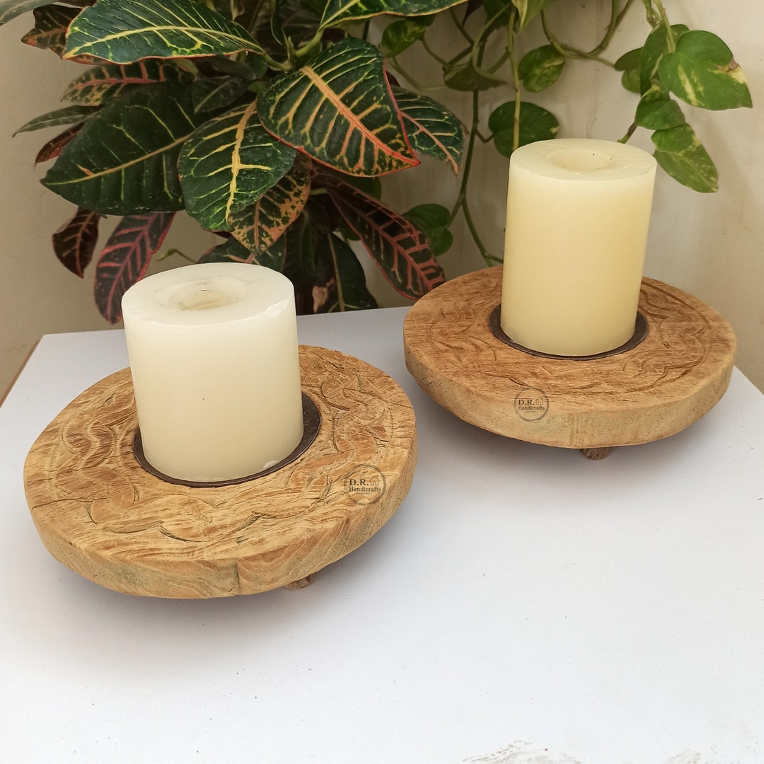 Indian Wooden Antique Hand Carved Round Candle Holder Set of 2 for ...