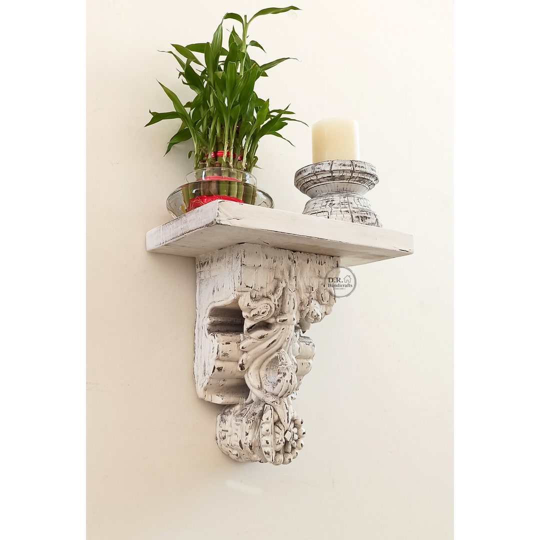 Indian Handmade Wooden Wall Hanging Bracket Wall Shelf With White Wash ...