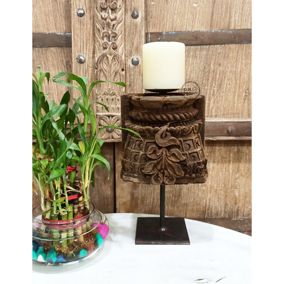 Indian Antique Wooden Carved Bracket Candle Holder on Stand / Vintage ...