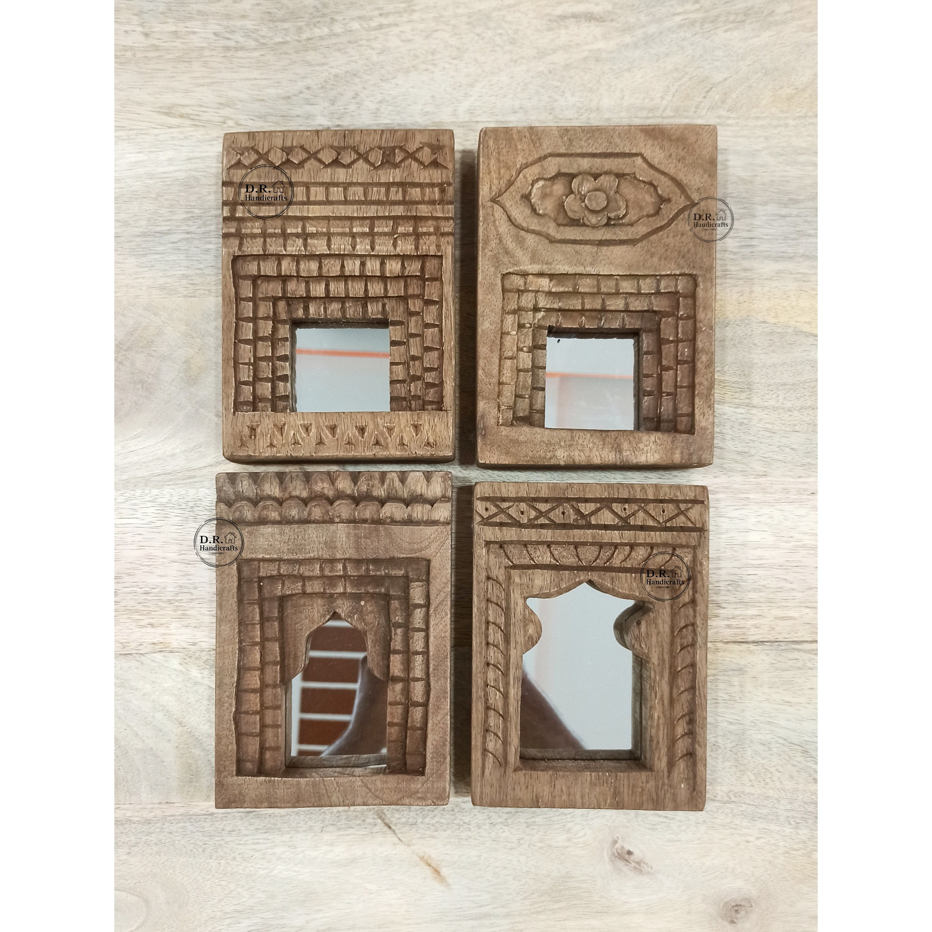 Indian Antique Wooden Carved Wall Hanging Temple Mirror Frame Set of 4 ...