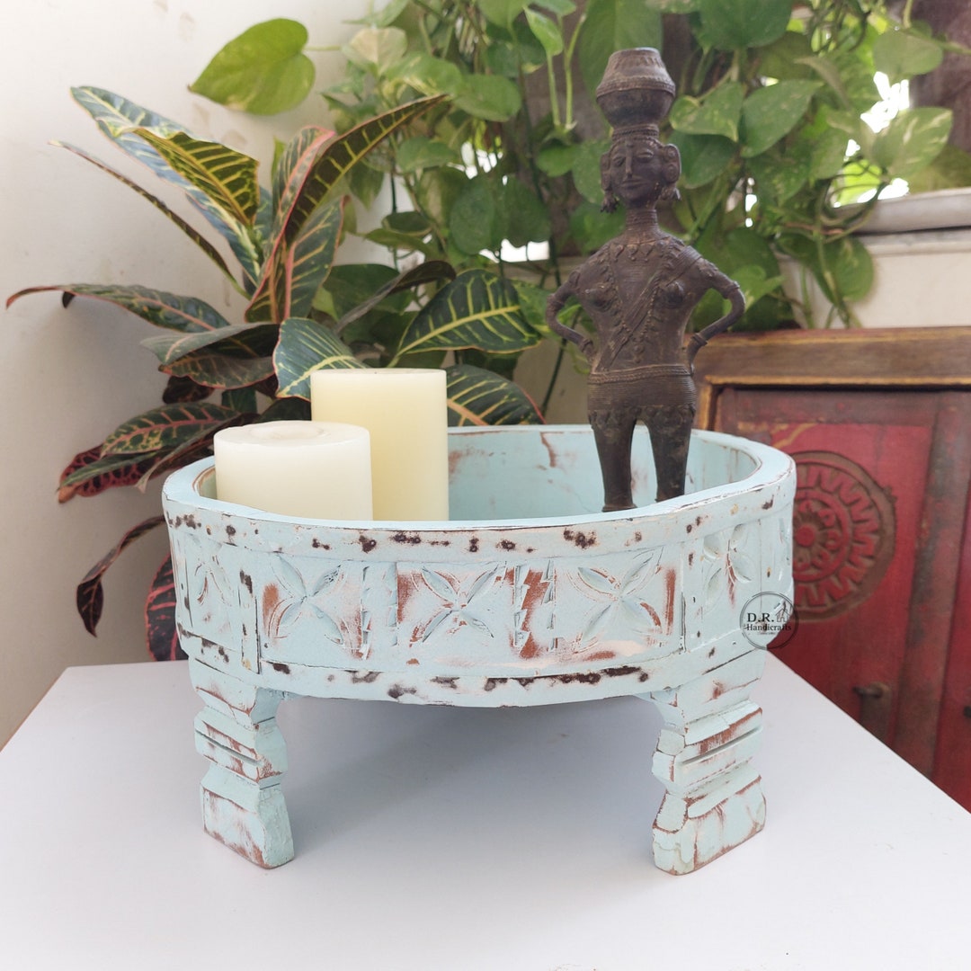 Indian Wooden Small Size Carved Grinder Coffee Table Wooden Chakki ...