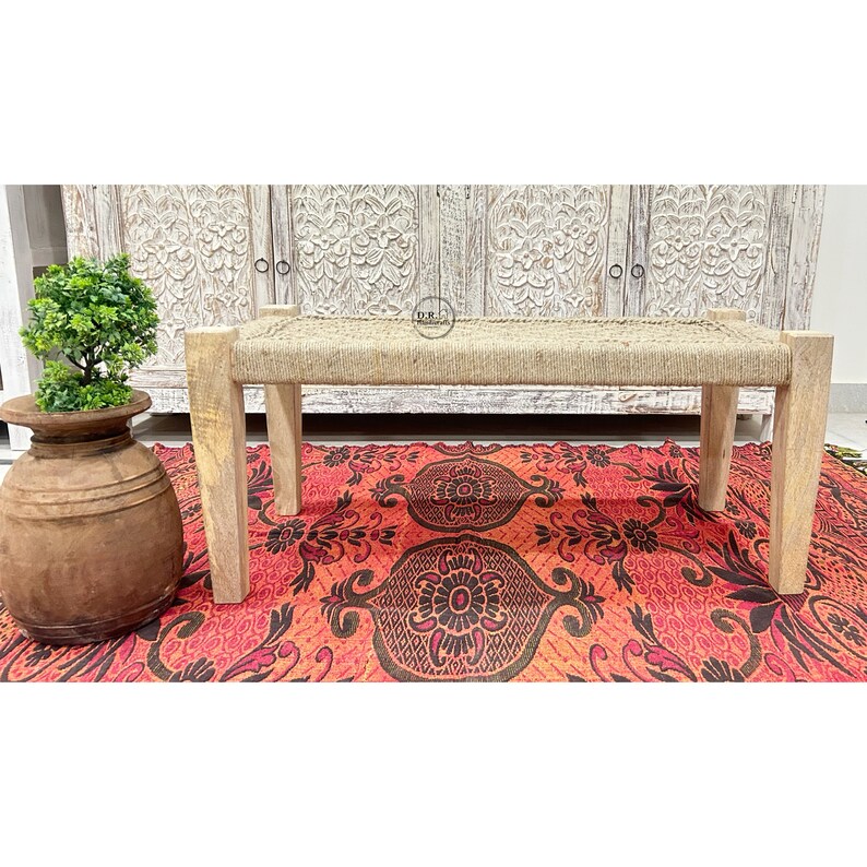 Indian Wooden Handmade Village Charpai Bench With Jute Rope Traditional ...