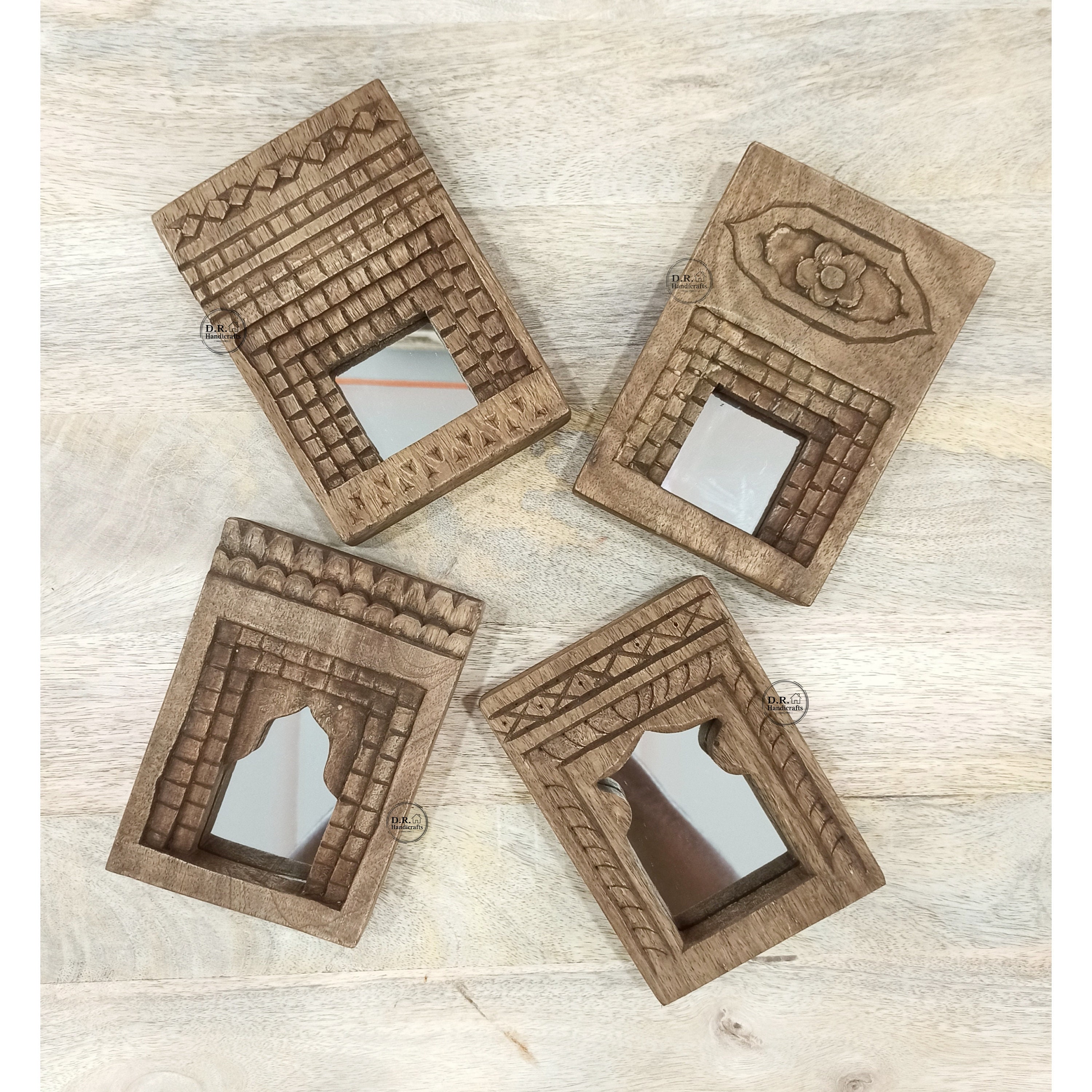 Indian Antique Wooden Carved Wall Hanging Temple Mirror Frame Set of 4 ...