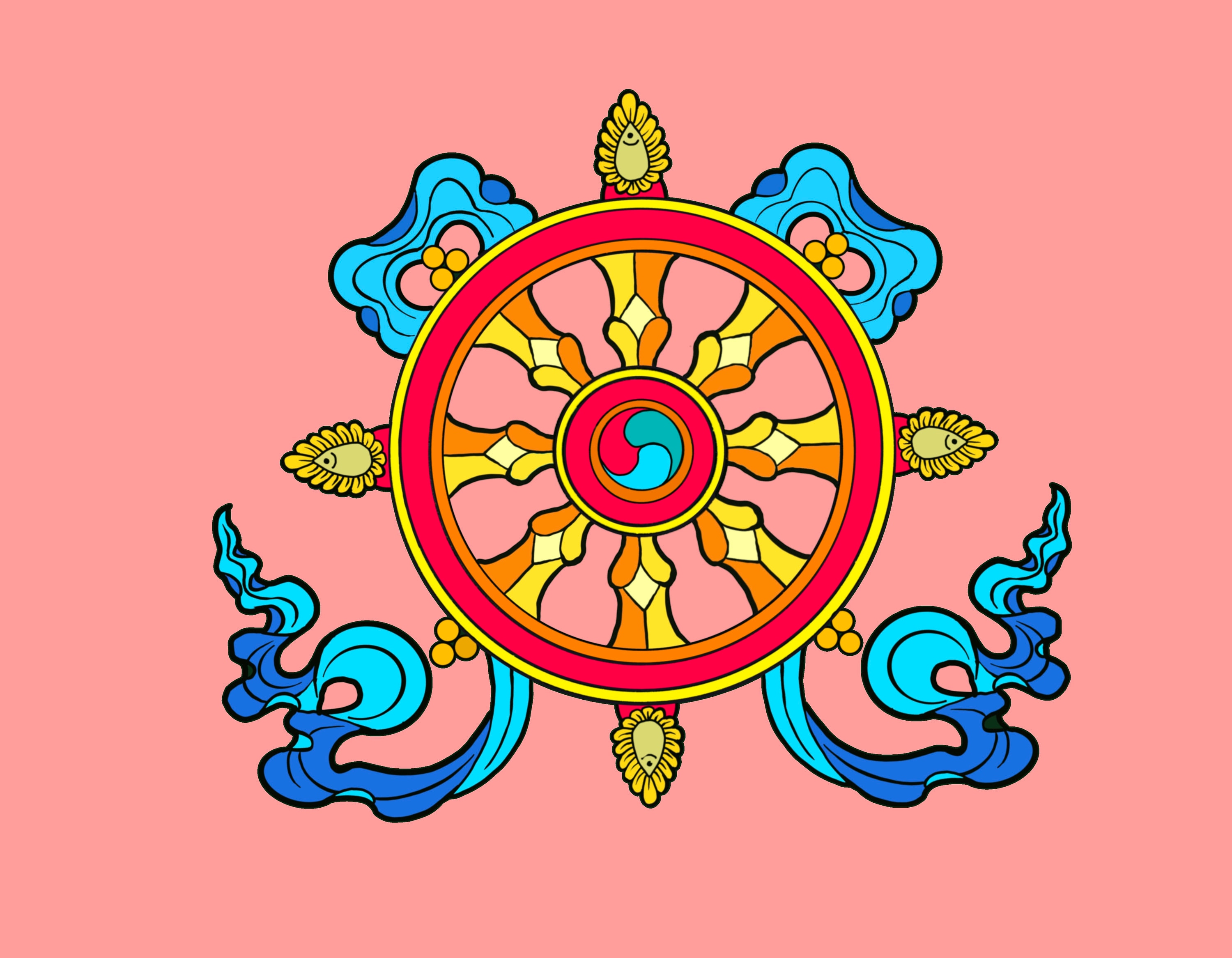 Tibetan Art, 8 Auspicious Symbols, Conch Shell, Dharma Wheel,endless ...