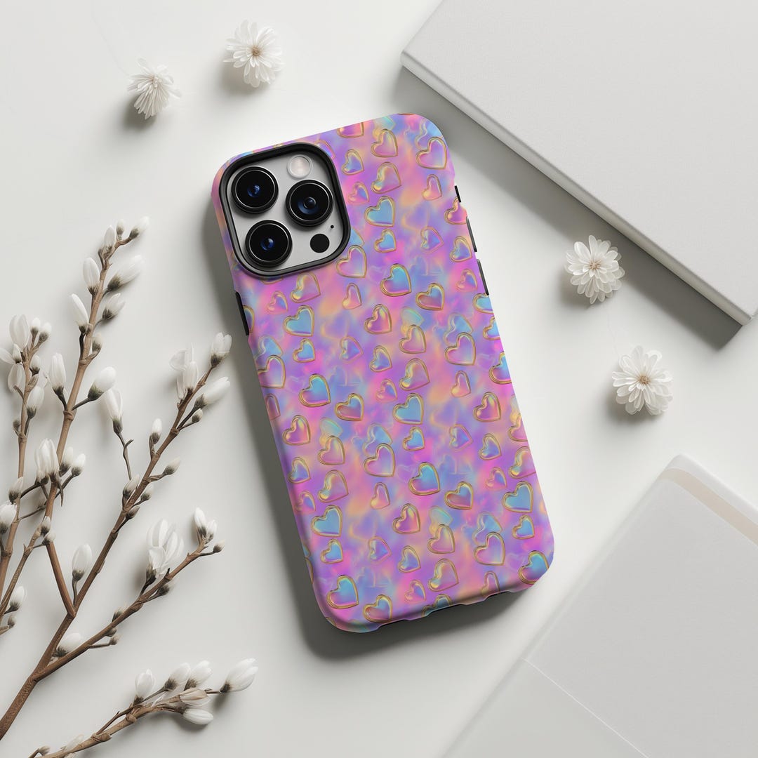Heart Pattern Pastel Rainbow Phone Case, Iridescent Hearts Cute ...