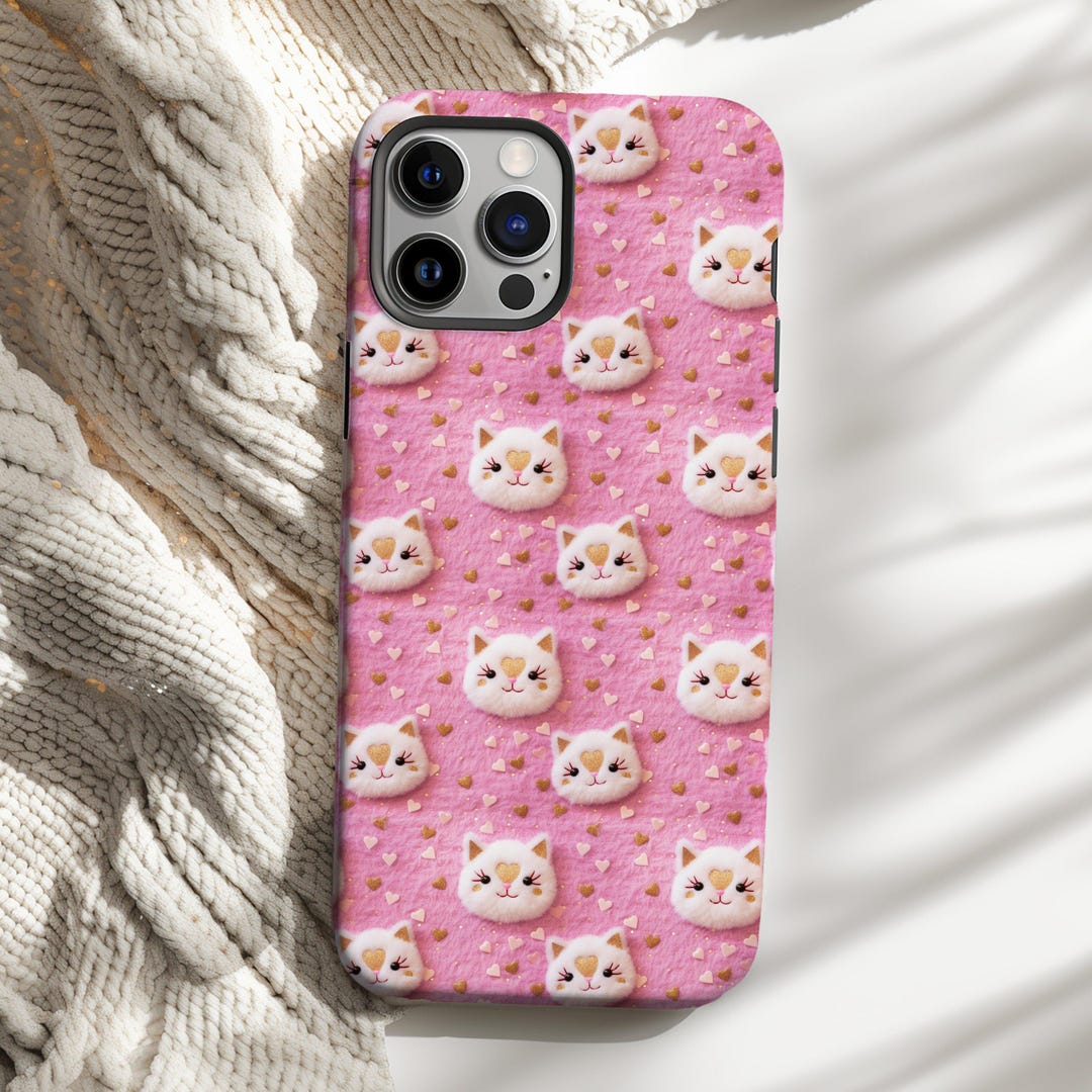 Cute Pink Cat Phone Case With Heart Pattern, Adorable Feline Design ...